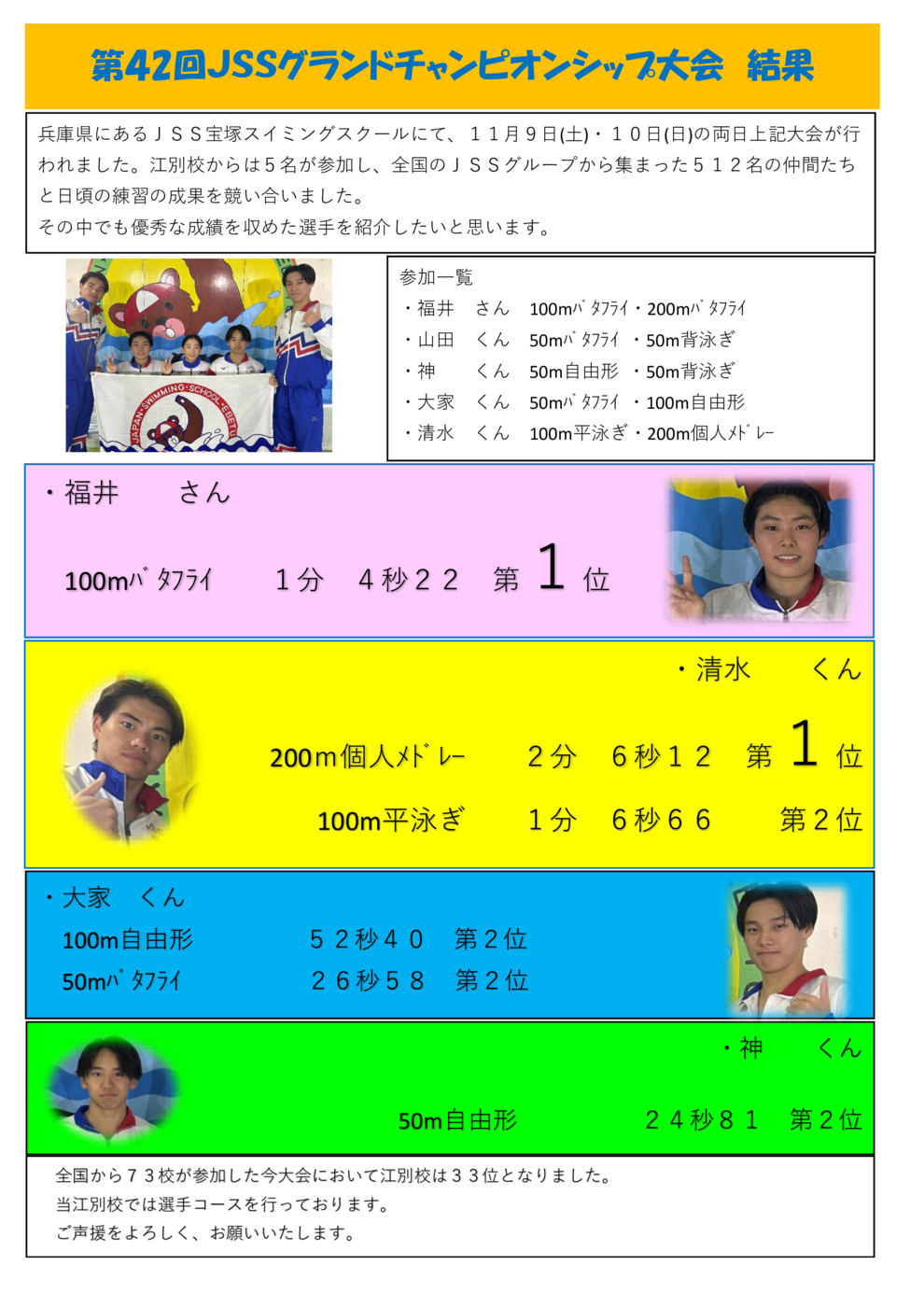 第42回JSSグランドチャンピオンシップ大会 結果 | ジャパンスイミングスクール江別
