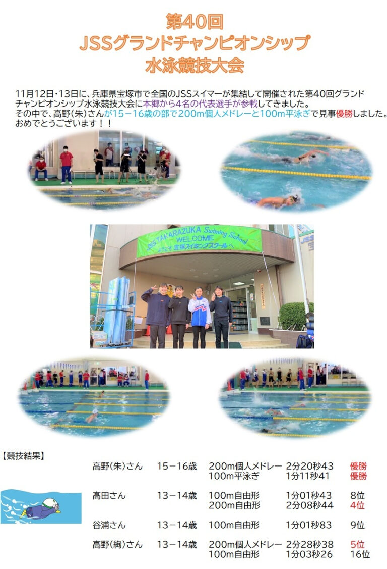 第40回JSSグランドチャンピオンシップ水泳競技大会 | JSSスイミングスクール本郷