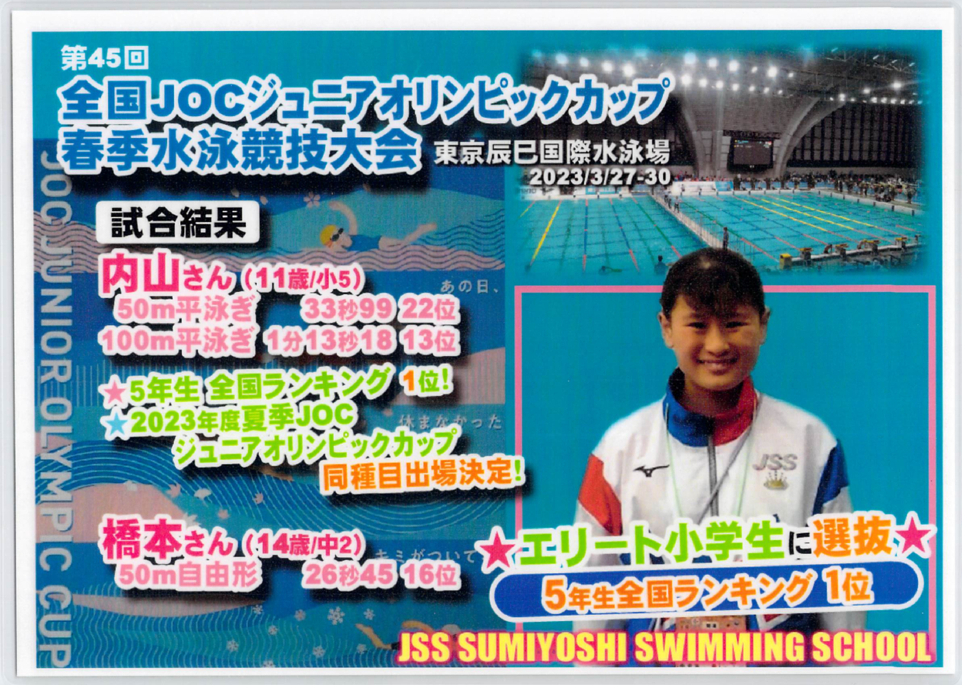 第45回全国JOCジュニアオリンピックカップ春季水泳競技大会 結果報告 | JSS住吉スイミングスクール